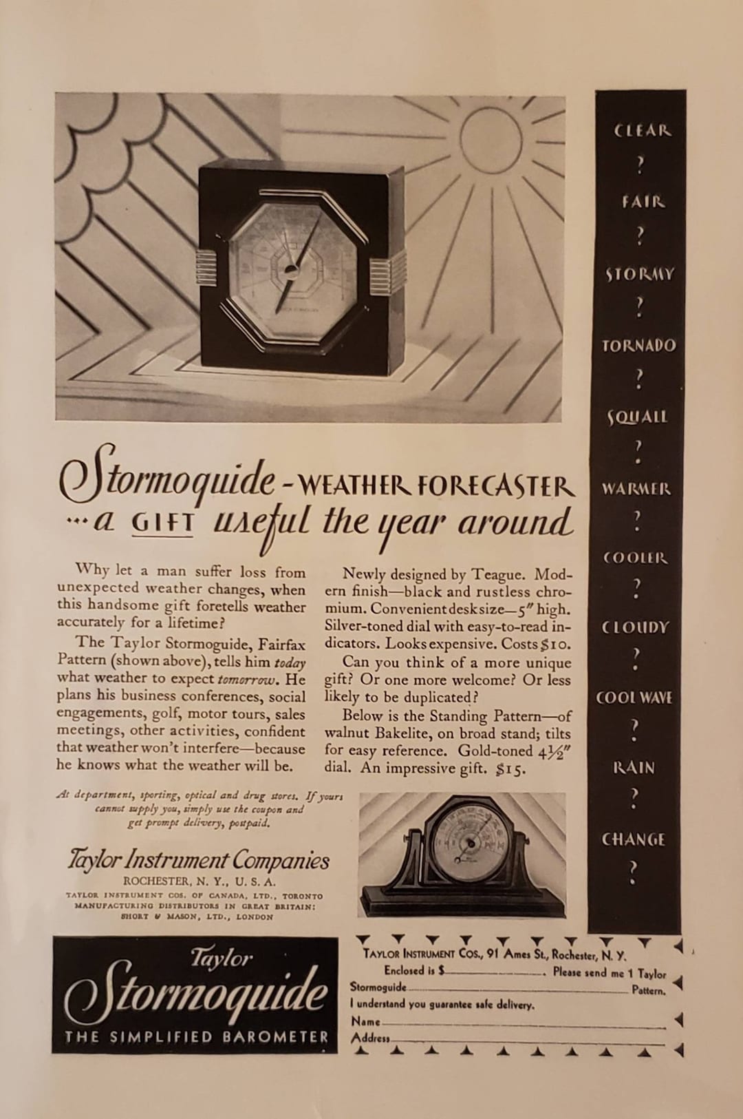 1931 TAYLOR INSTRUMENT COMPANIES Stormoguide Weather Forecaster ...