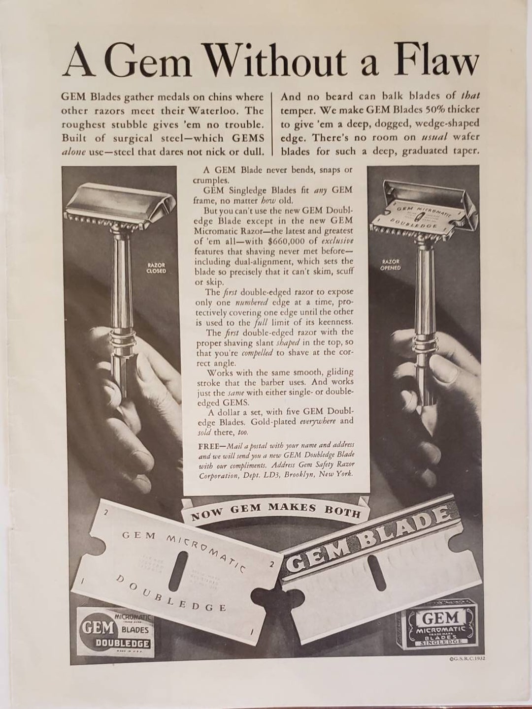 1932 GEM Micromatic Doubledge Blade Razor Blades Shaving Vintage Print ...