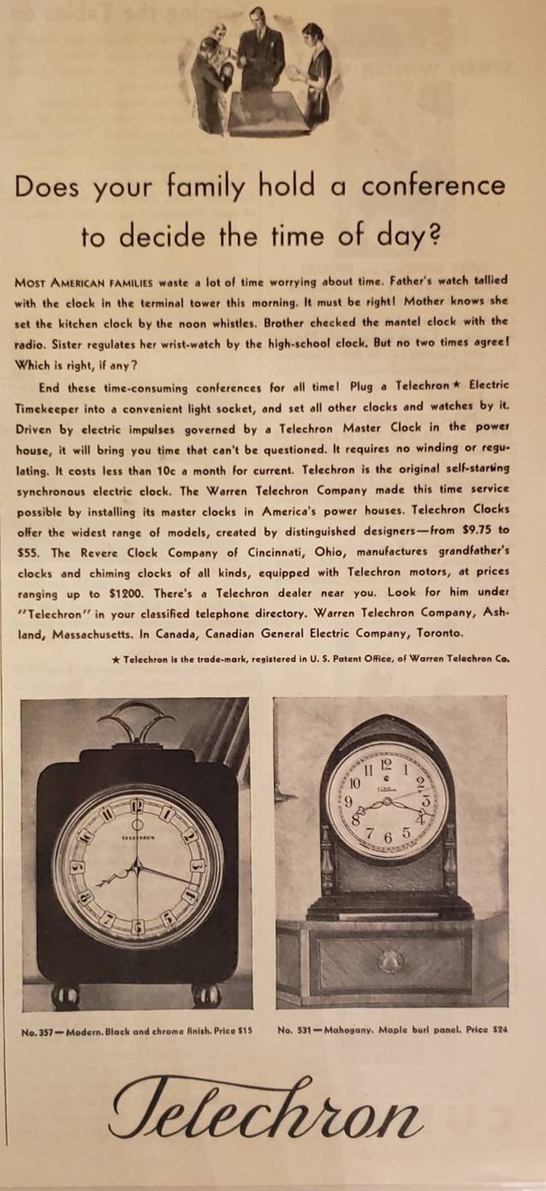 1930 WARREN TELECHRON COMPANY Electric Timekeeper Clock American ...