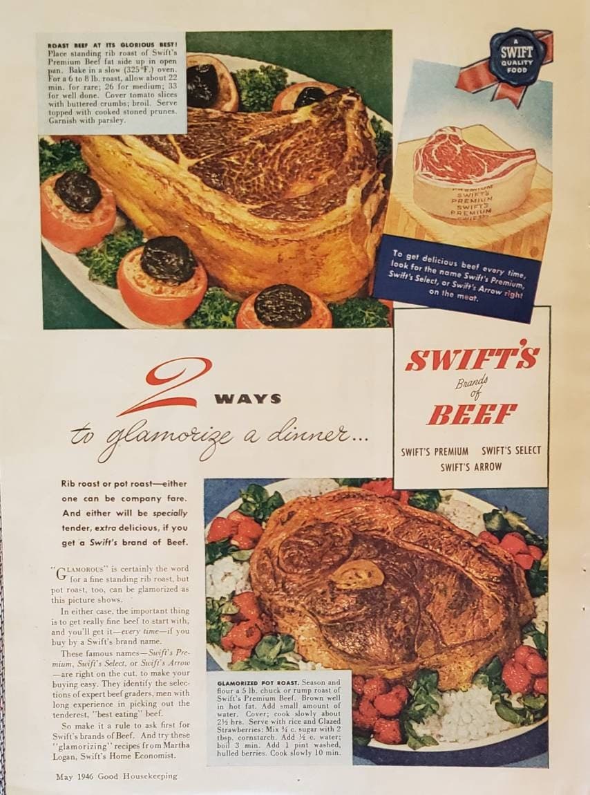 1946 SWIFT'S BEEF Meat Dinner Roast Beef Pot Roast Meal Food Recipes ...