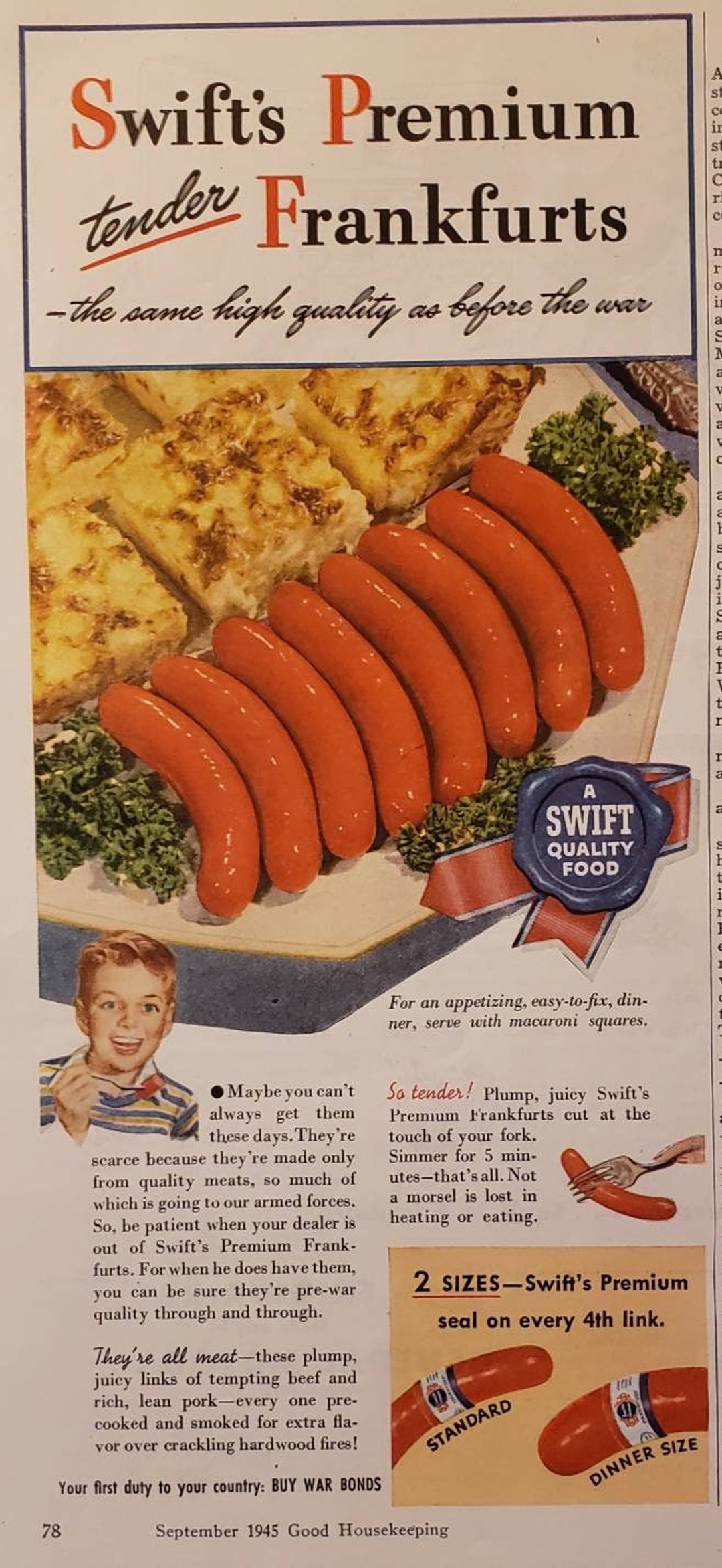 1945 SWIFT'S PREMIUM FRANKFURTS Meat Food Hot Dogs Sausages Vintage ...