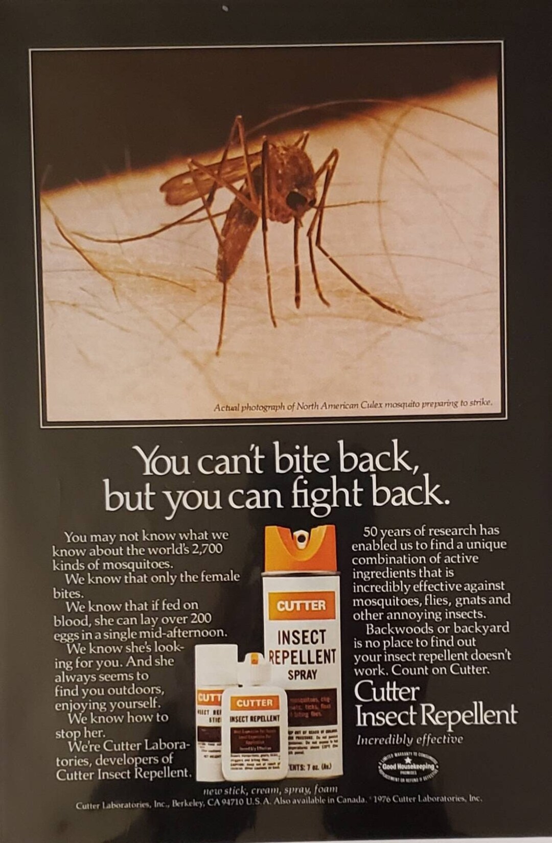 1976 CUTTER INSECT REPELLANT Mosquitos North American Culex Mosquito ...