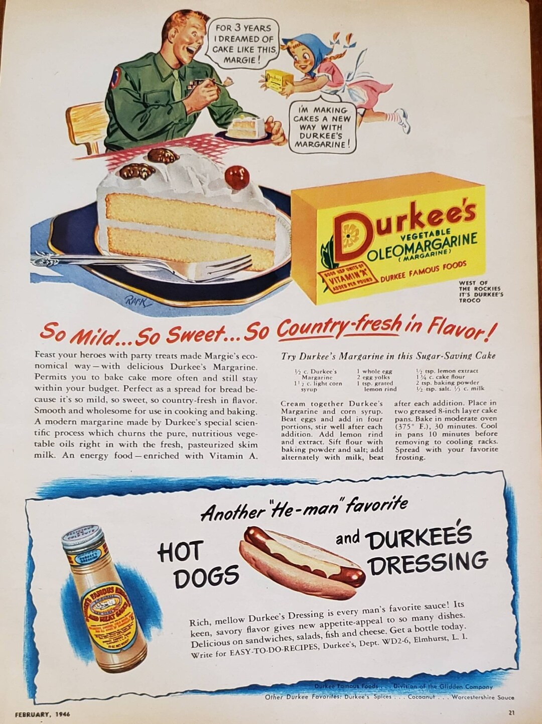 1946 DURKEE'S Oleo Margarine Hot Dogs He-man Favorite Cake TRIMZ Ready ...
