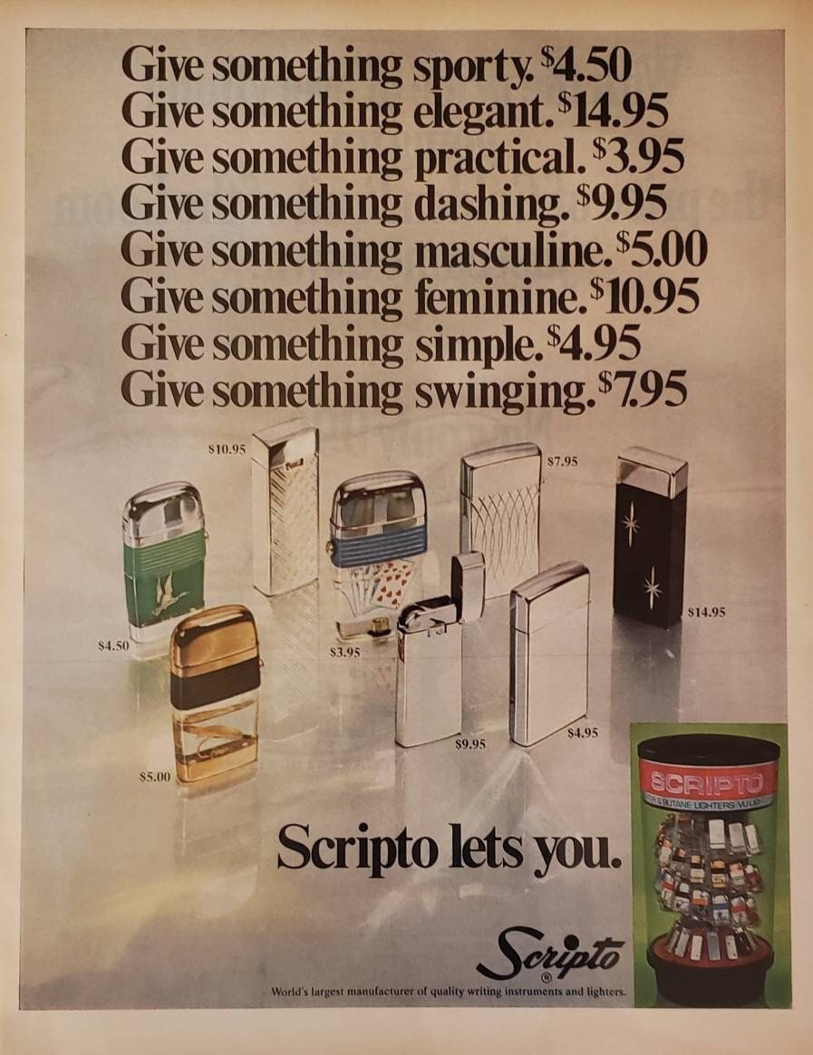 1970 SCRIPTO Lighters Gift Ideas Smoking Vintage Print Ad - Etsy