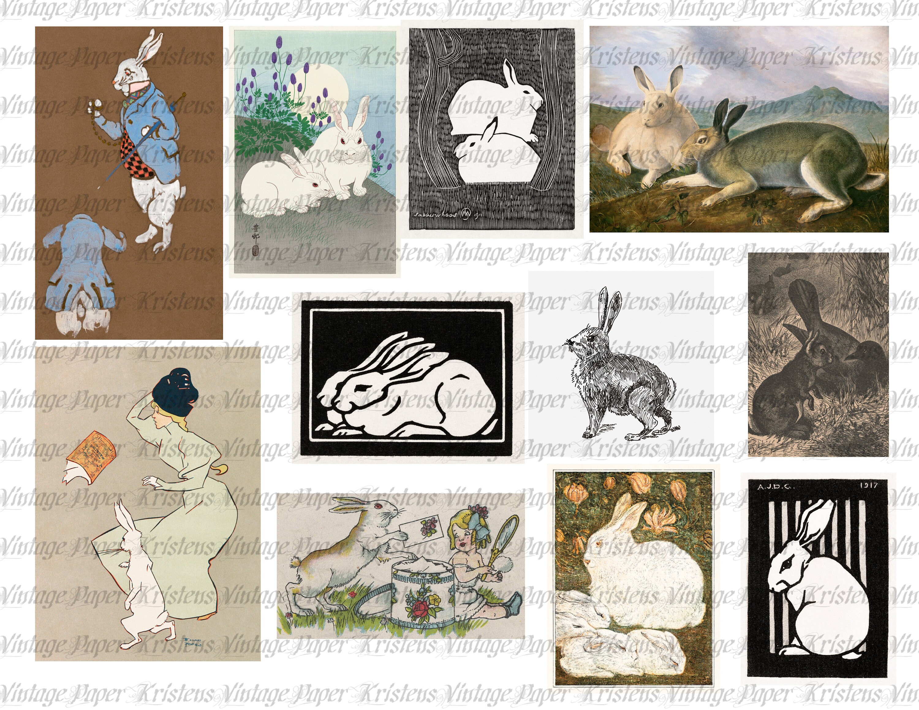 Vintage BUNNY RABBIT Collage Sheet Digital Image Download File Clip Art ...