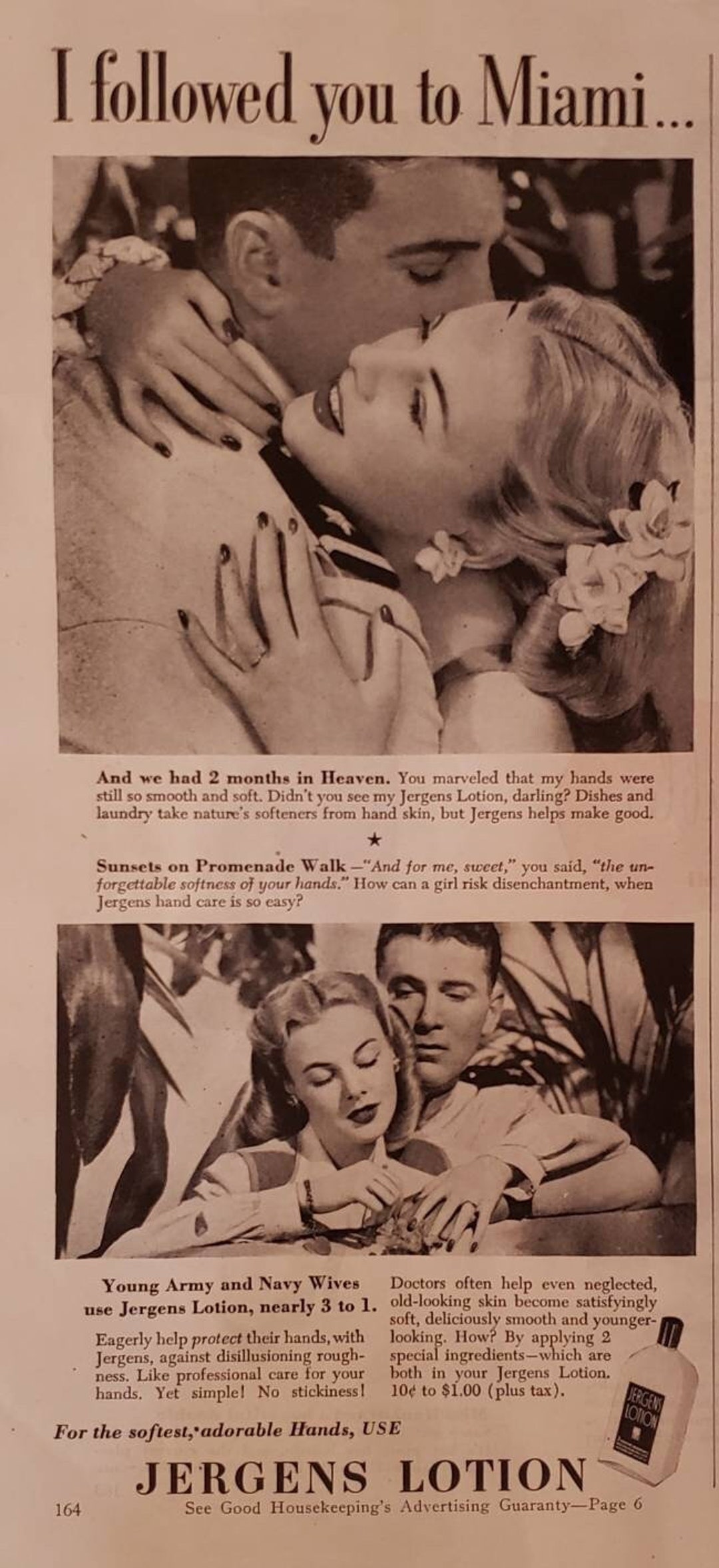 1945 JERGENS LOTION Soft Hands Beauty Army Wife Navy Wife Miami Vintage ...