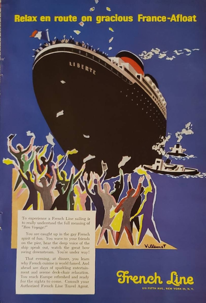 1956 FRENCH LINE Liberte France Afloat Cruise Ship Liner Travel Europe ...