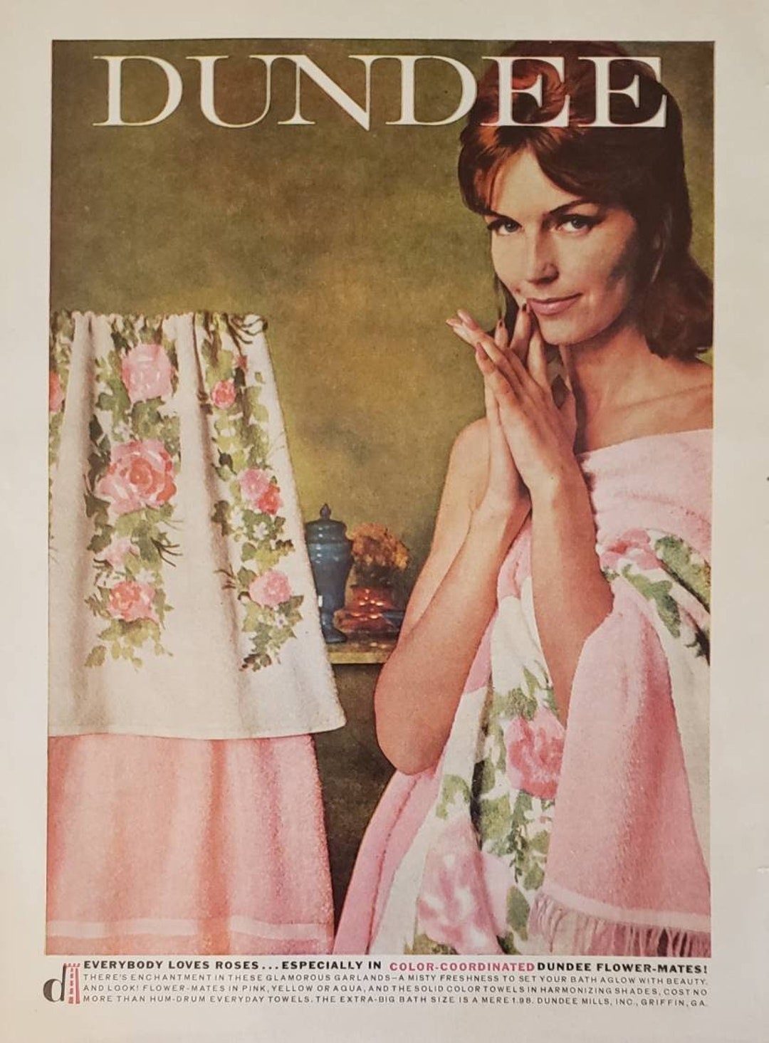 1960 DUNDEE MILLS Flower Mates Pink Roses Bath Towels Vintage Print Ad ...