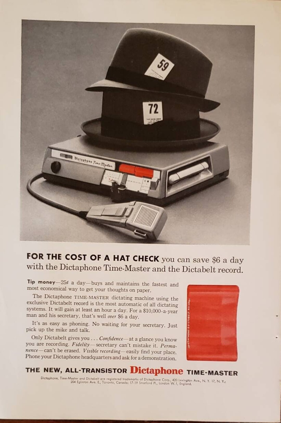 1959 DICTAPHONE Time Master Dictating Machine Dictabelt Record Hat ...