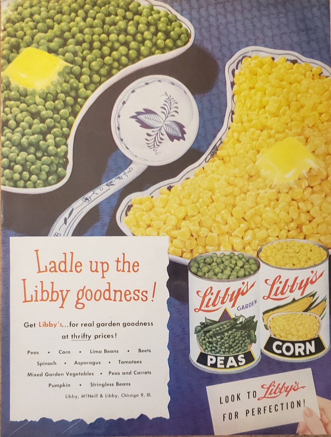 1951 LIBBY'S Peas Corn Canned Food Vegetables Libby Garden Goodness ...