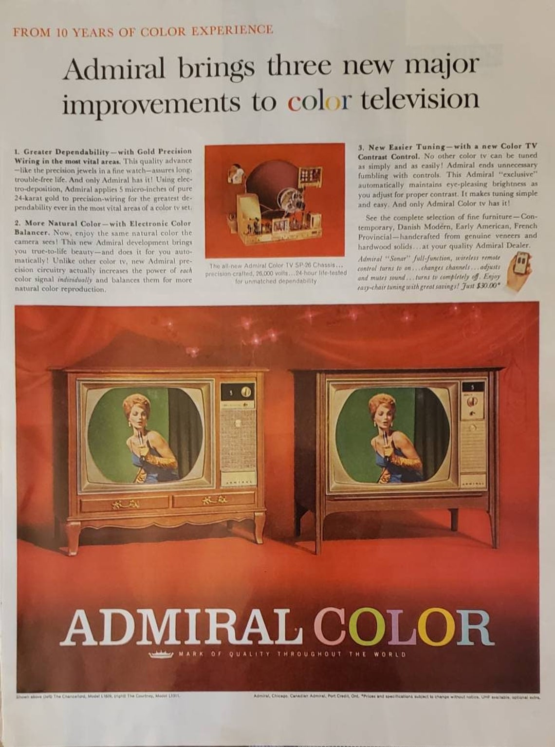 1963 ADMIRAL Color Television TV Set Appliance Vintage Print Ad - Etsy