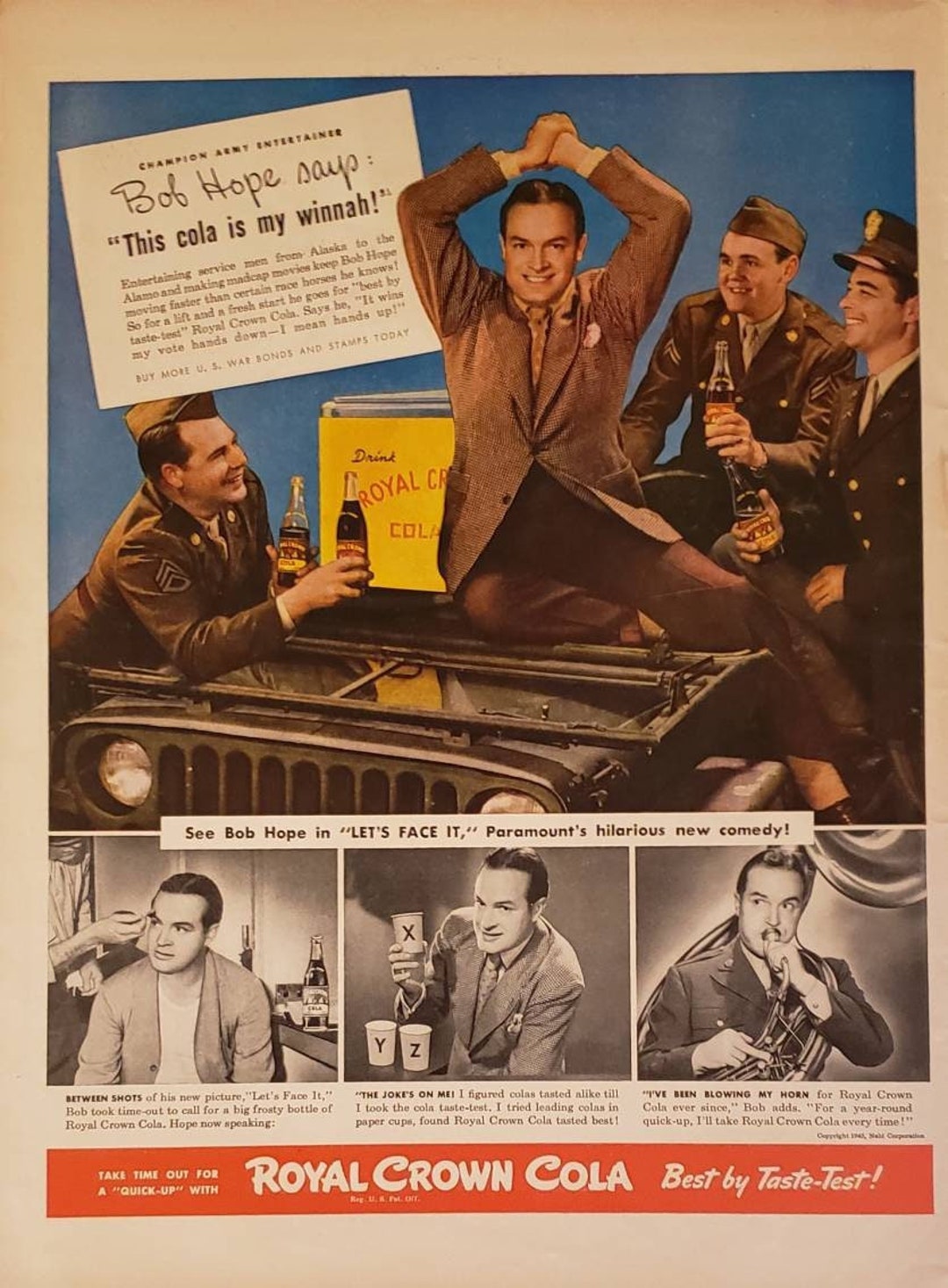 1943 ROYAL CROWN Cola Soda Beverage Bob Hope Soldiers MOBILGAS Flying ...