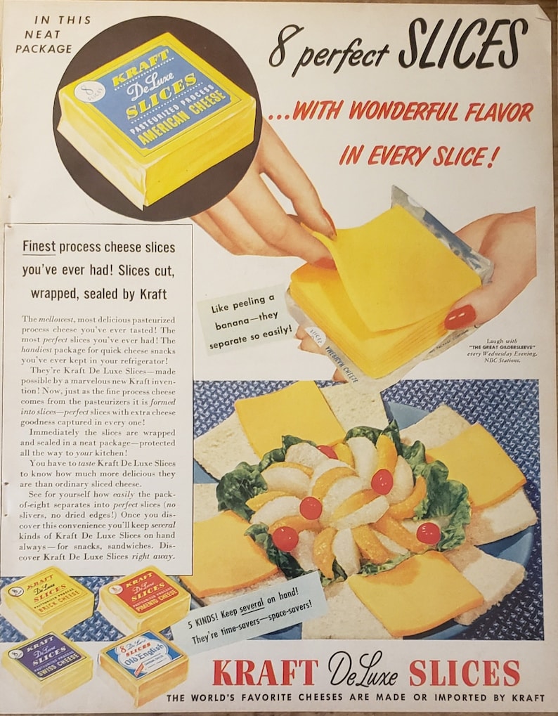 1951 KRAFT De Luxe Cheese Slices Pasteurized Process Cheeses Food ...