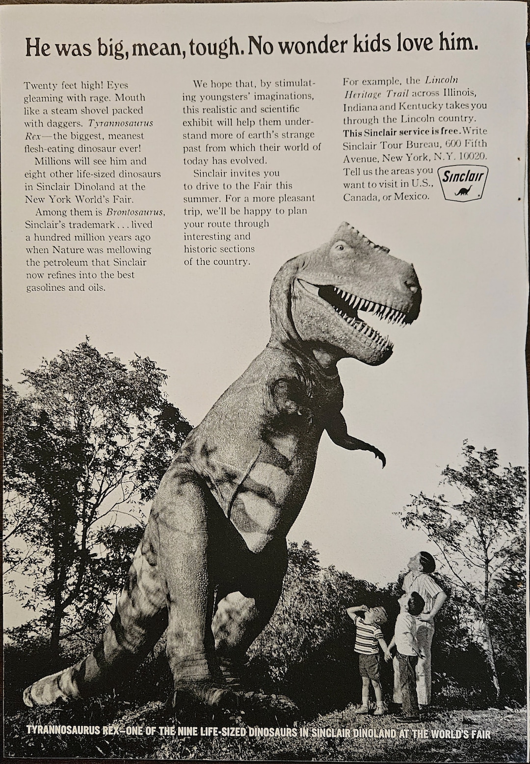1965 SINCLAIR Vintage Ad, Tyrannosaurus Rex Dinosaur Sinclair Dinoland ...