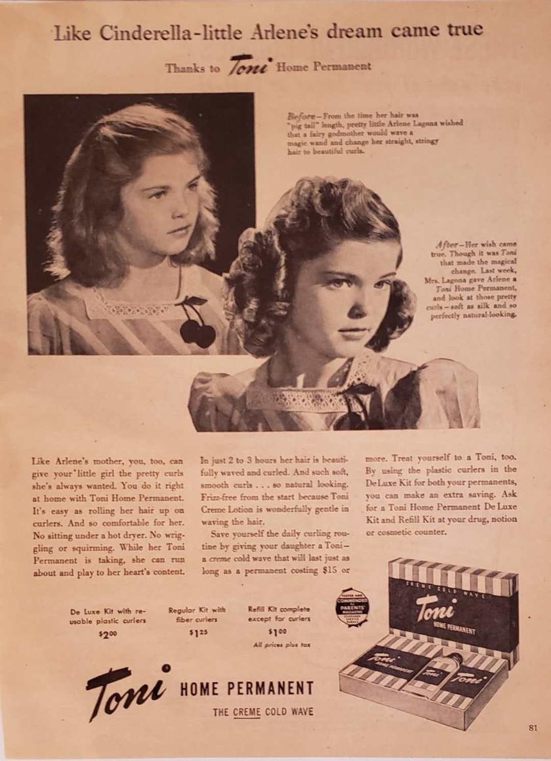 1947 TONI HOME PERMANENT Little Girl Curls Curly Hair Treatment Creme ...