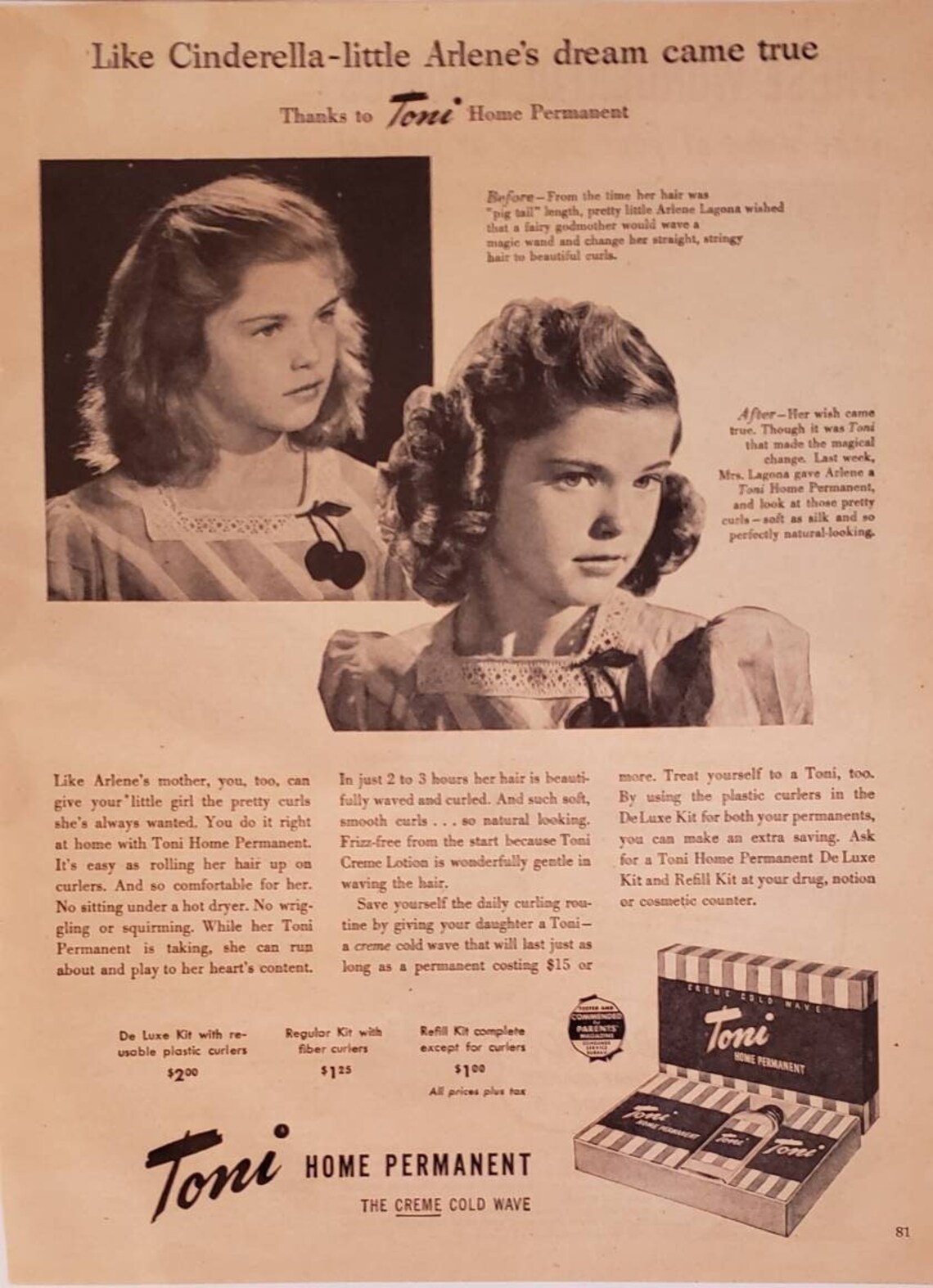 1947 TONI HOME PERMANENT Little Girl Curls Curly Hair Treatment Creme ...