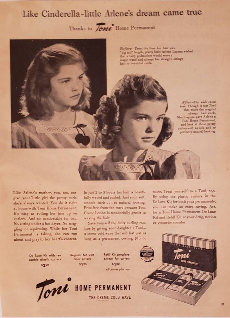 1947 TONI HOME PERMANENT Little Girl Curls Curly Hair Treatment Creme ...