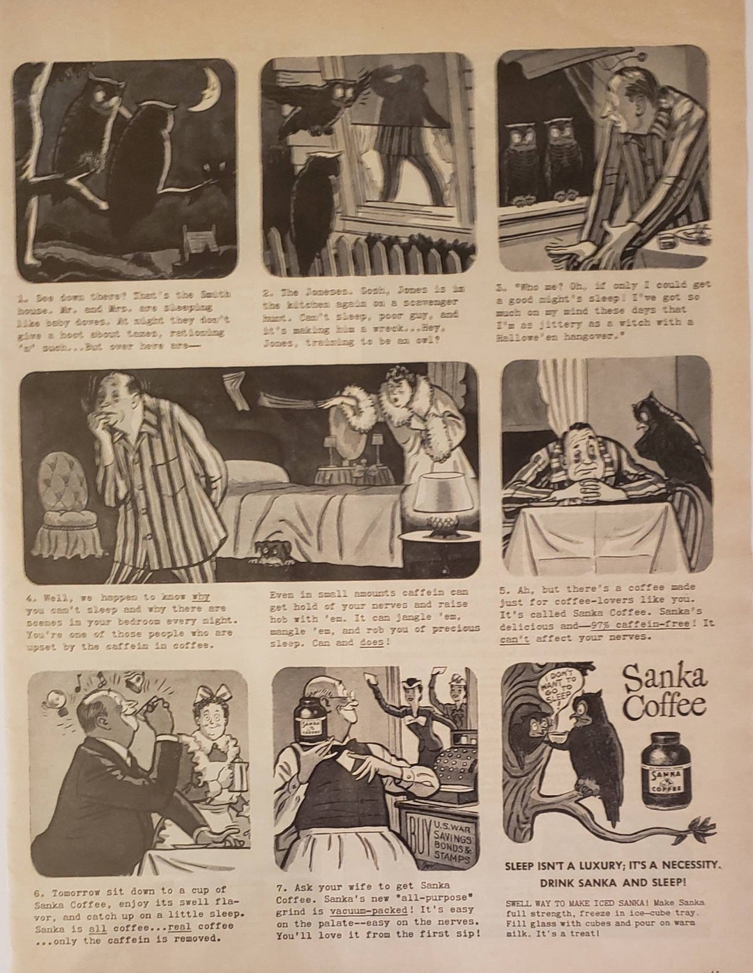1943 SANKA COFFEE Beverage Drink Flavor Sleep Cartoon World War 2 ...