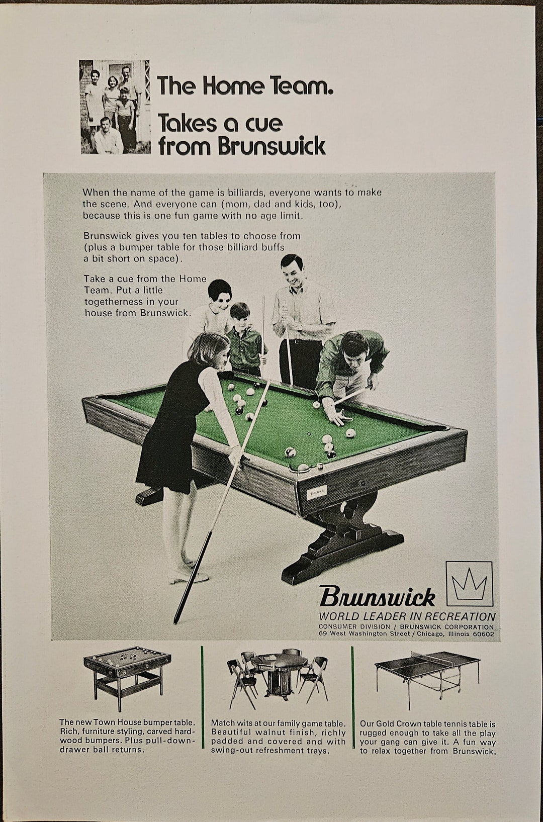 1968 BRUNSWICK Vintage Ad, the Home Team Pool Table Billiards Lover ...