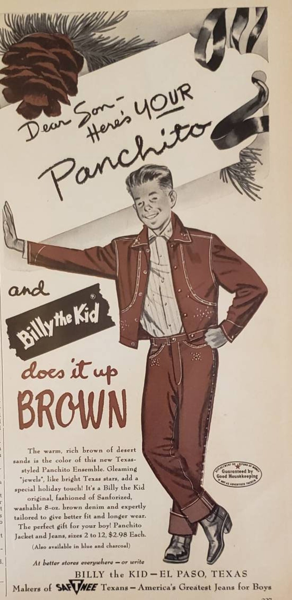 1953 BILLY THE KID Texas Style Pancho Ensemble Boys Clothing Fashion ...