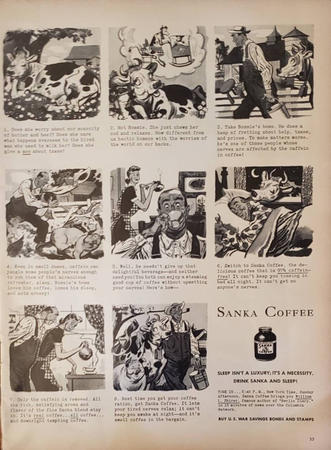 1943 SANKA COFFEE Drink Beverage Sleep Bossie Cow Farmer World War 2 ...
