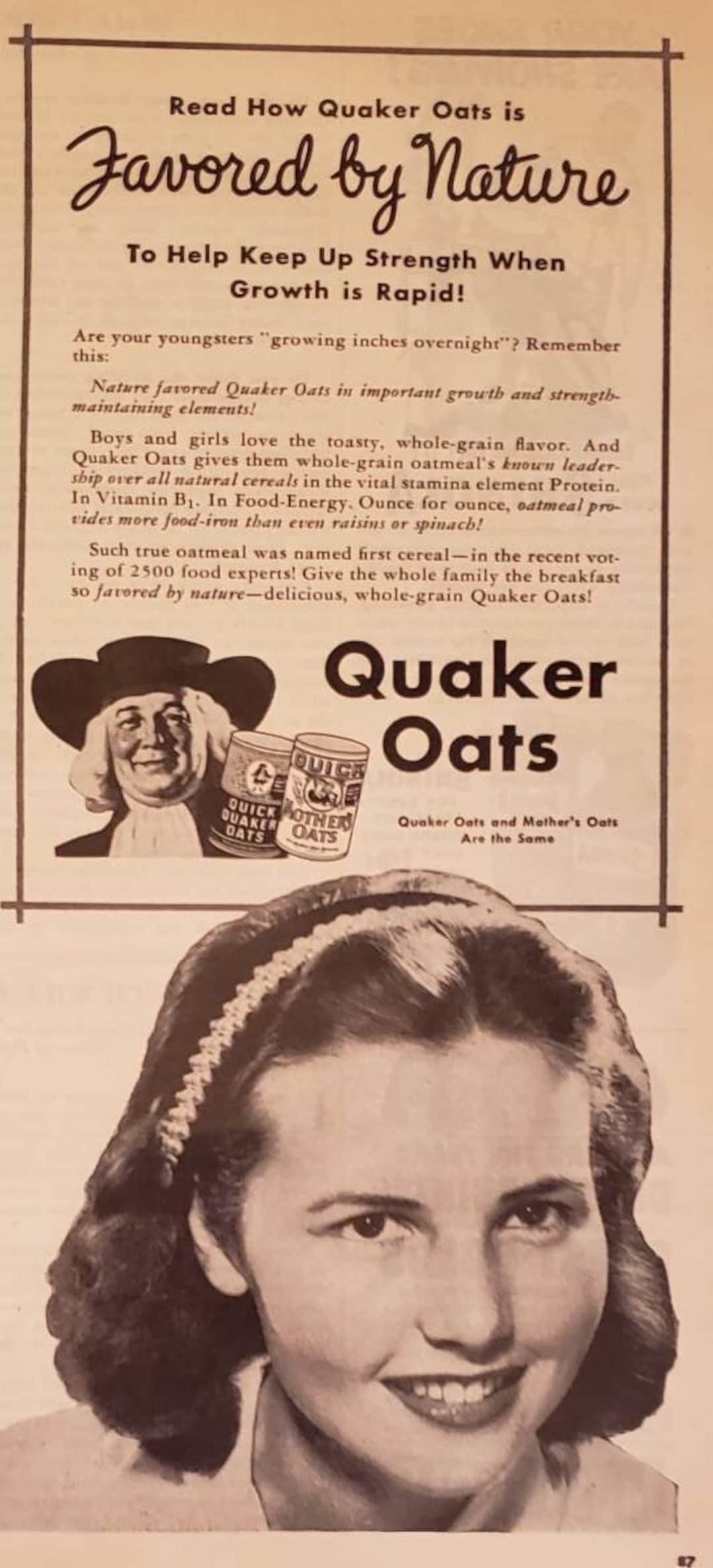 1946 QUAKER OATS Oatmeal Food Breakfast Cereal Nutrition Growing ...
