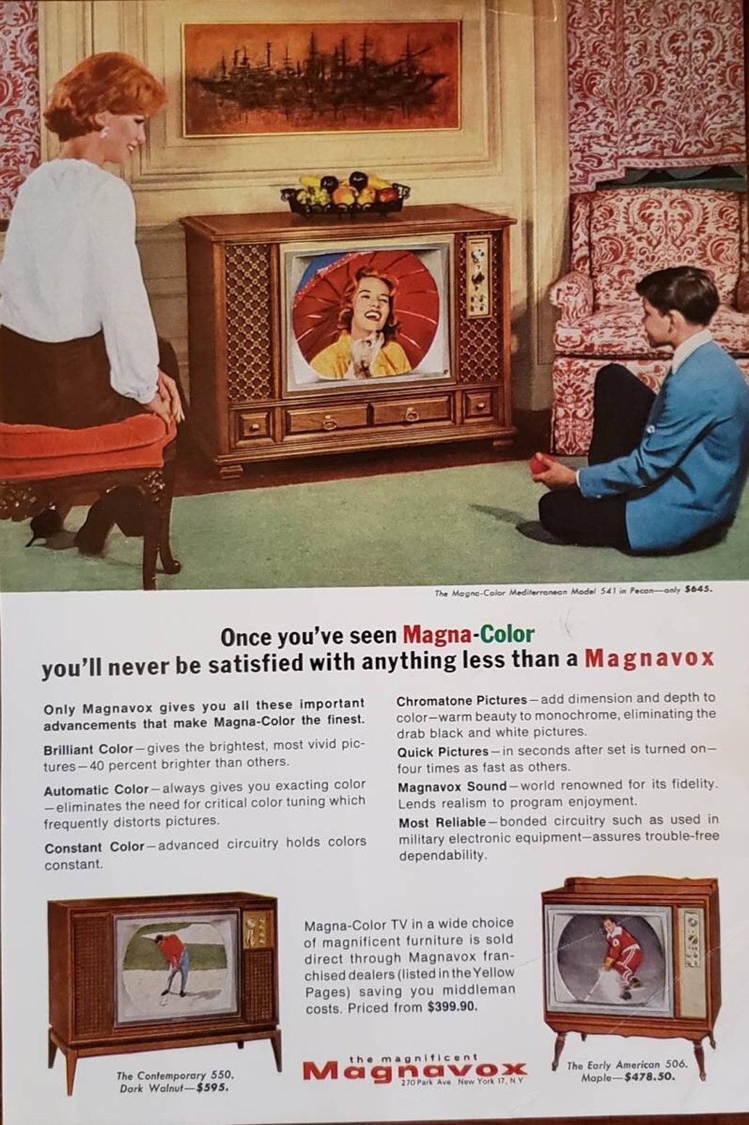 1965 MAGNAVOX Color TV Television Magnacolor Living Room Mother Son ...