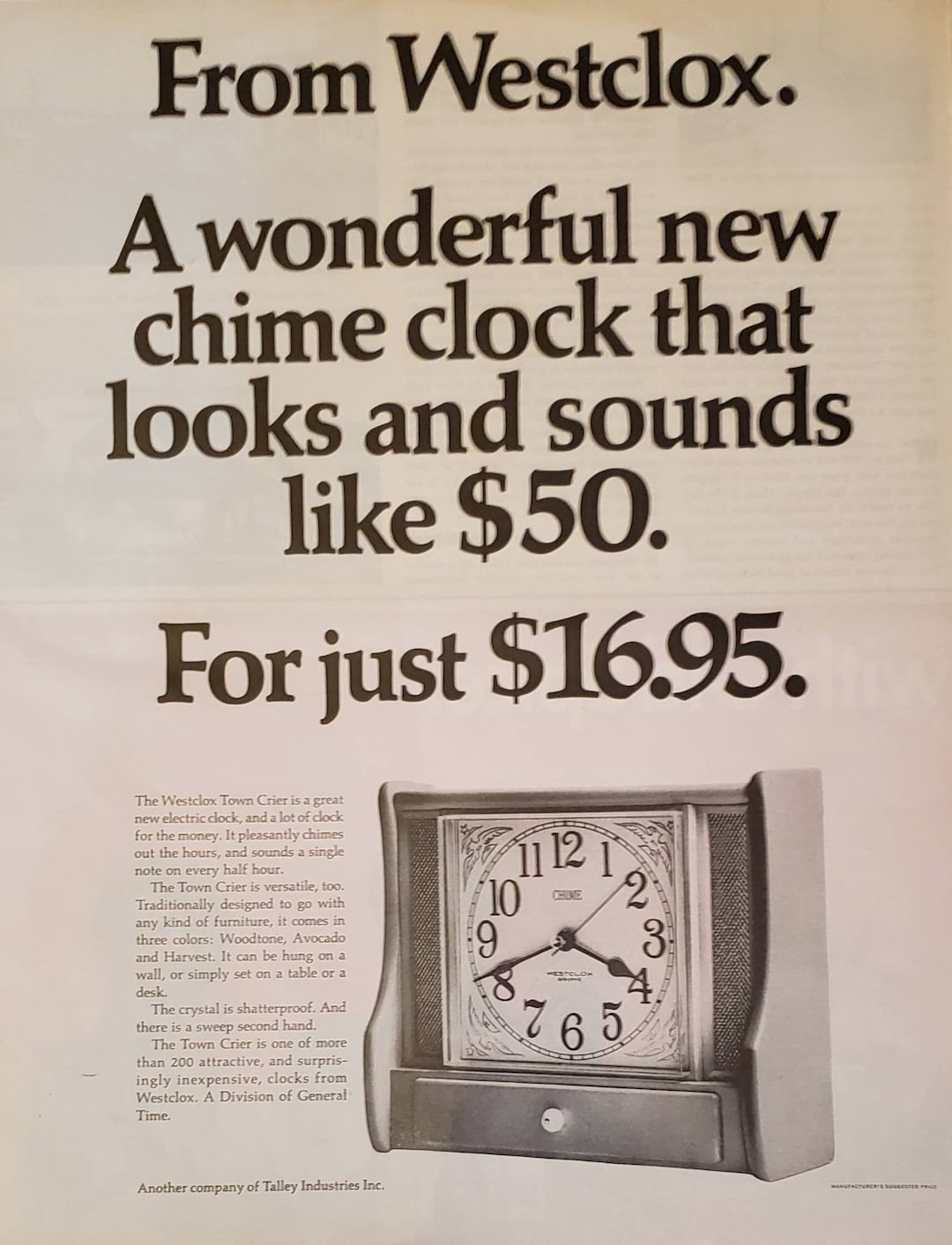 1970 WESTCLOX Town Crier Electric Chime Clock General Time Talley ...