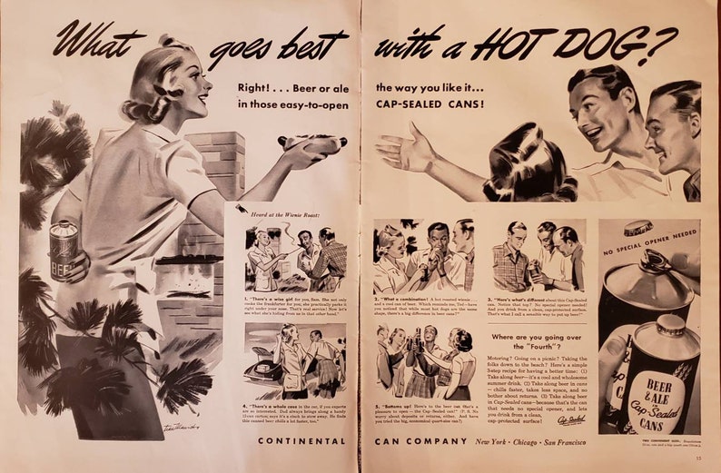1940 CONTINENTAL CAN COMPANY Cap Sealed Cans Beer Ale Hot Dogs 2 Page ...