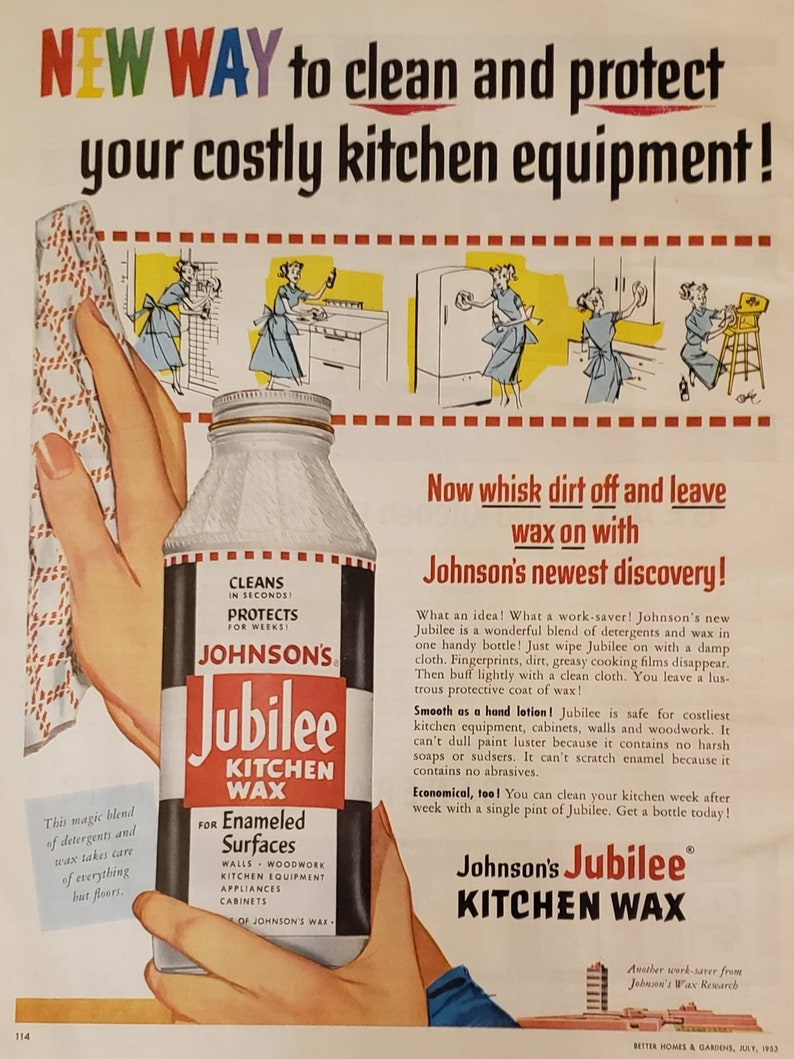 1953 JOHNSON'S Jubilee Kitchen Wax Enameled Surfaces Cleaning Household ...