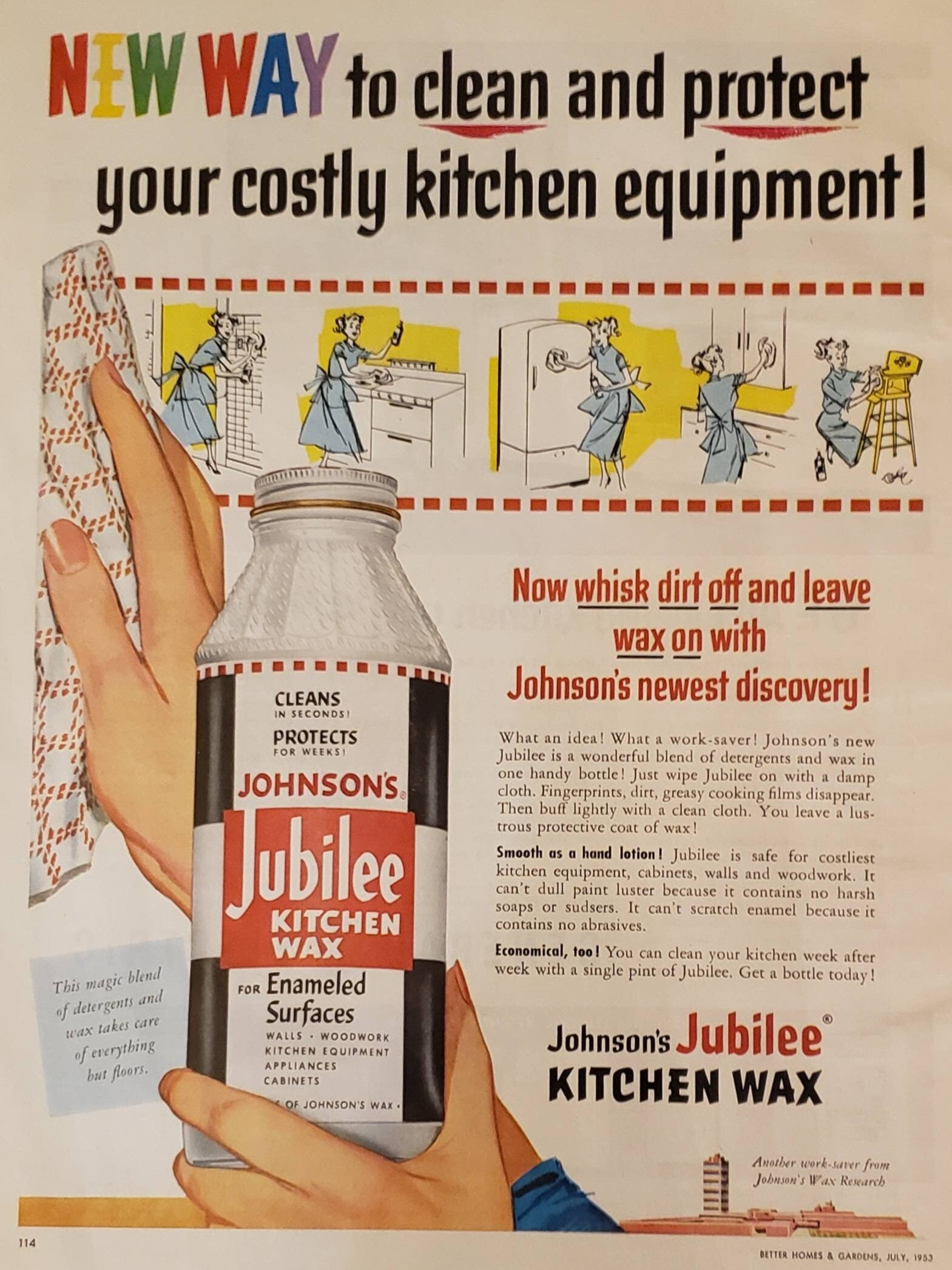 1953 JOHNSON'S Jubilee Kitchen Wax Enameled Surfaces Cleaning Household ...