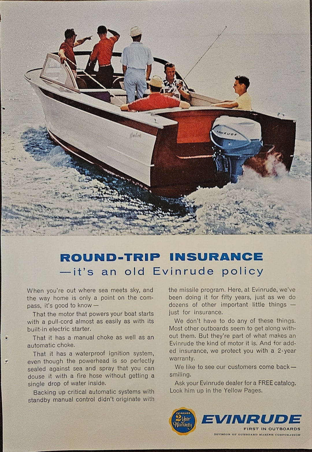 1963 EVINRUDE Vintage Ad, Round Trip Insurance Boat Engine Outboard ...