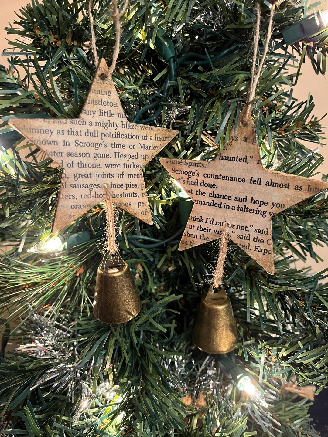 2 Vintage Made Book Page Star and Bell Ornaments-please Read ...