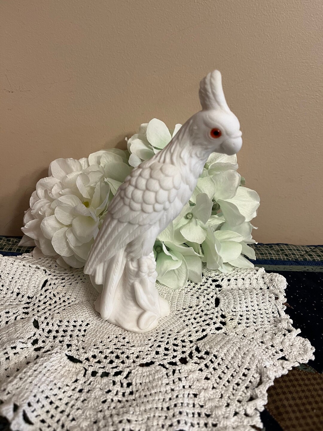 Vintage White Carved Parrot Figurine Sculpture With Red Eyes-please ...