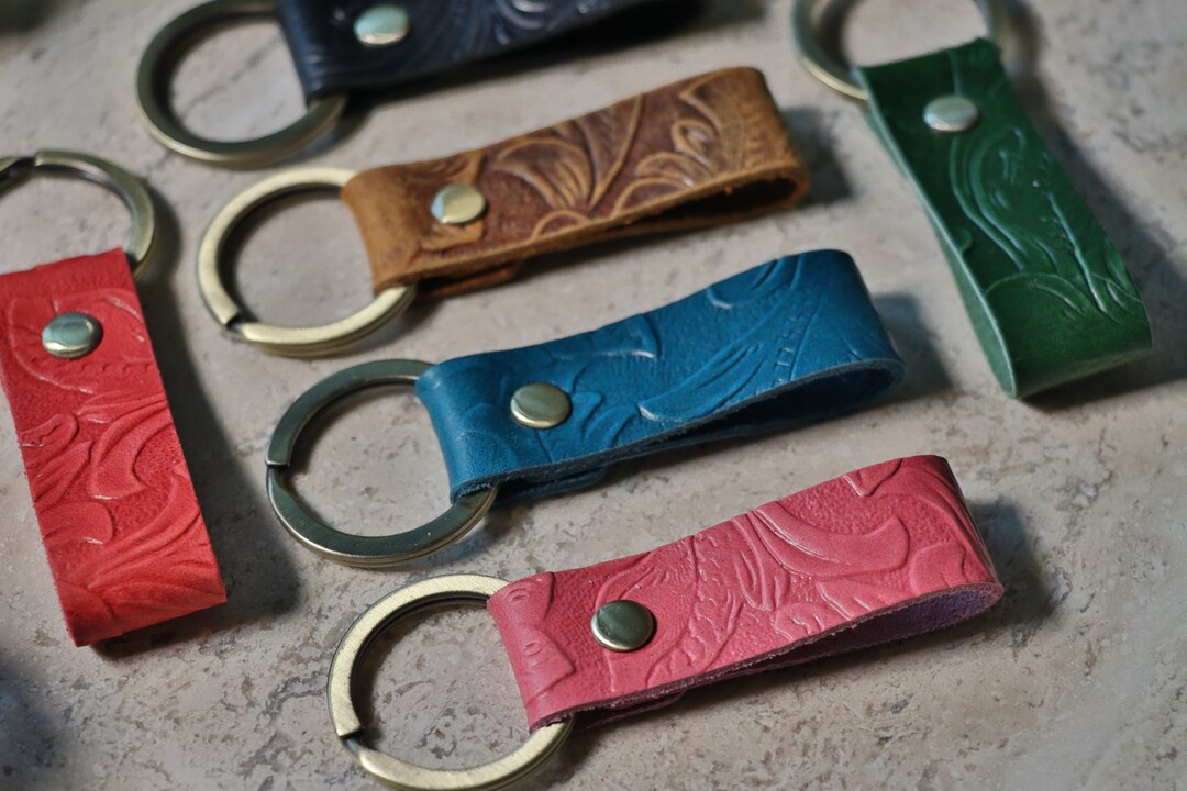 EMBOSSED LEATHER KEYCHAIN, Real Cow Skin Leather Key Chain, Gift for ...