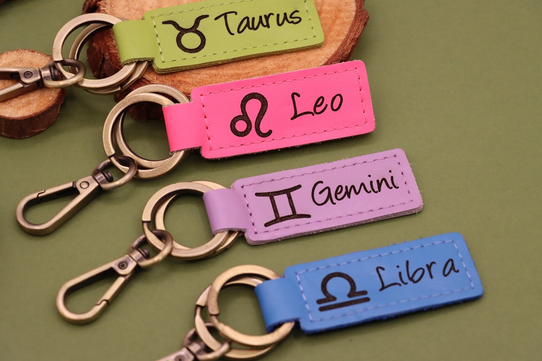 ZODIAC KEYCHAIN, Top Grain Leather Keychain, Zodiac Gifts, Aries Taurus ...