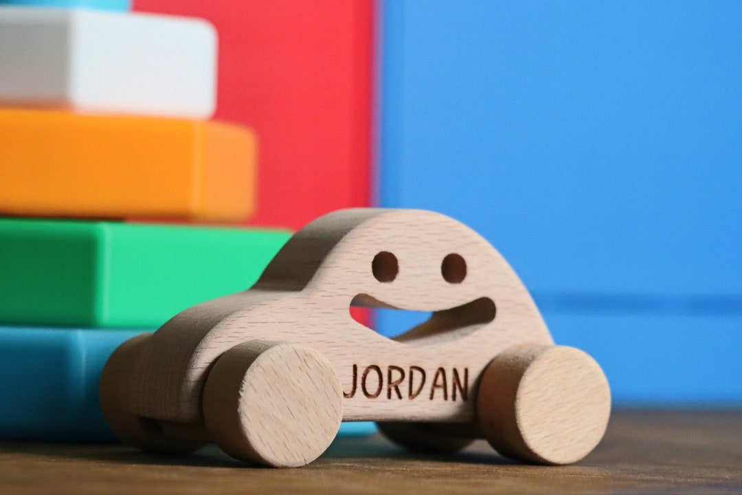 SMILEY FACE Toy CAR, Cute Toddler Toy, Wooden Car, Push Toy, Motor ...