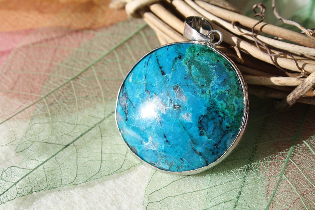 Natural CHRYSOCOLLA Pendant, Round, Intense Blue Color, Large Size ...