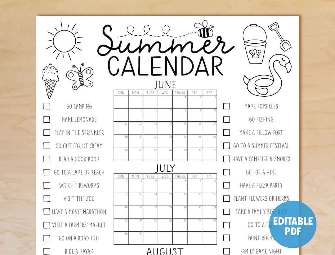 Printable Summer Calendar Poster, Summer Activities Calendar, Bucket ...