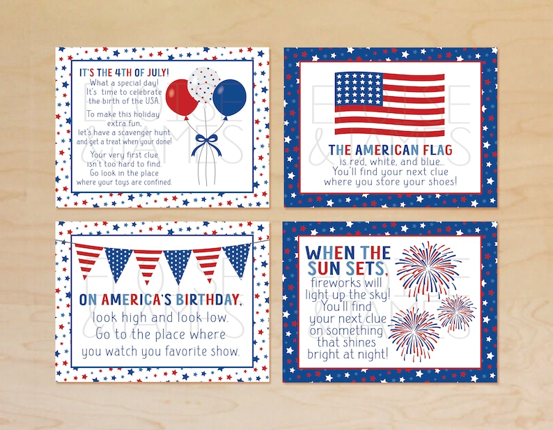 4th of July Indoor Scavenger Hunt Clue Cards, Fourth of July Treasure ...