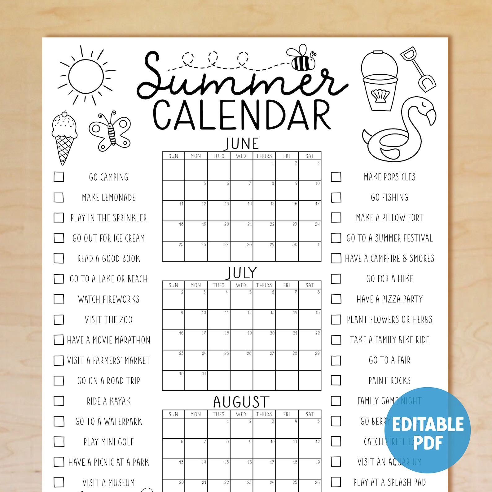 Printable Summer Calendar Poster, Summer Activities Calendar, Bucket ...