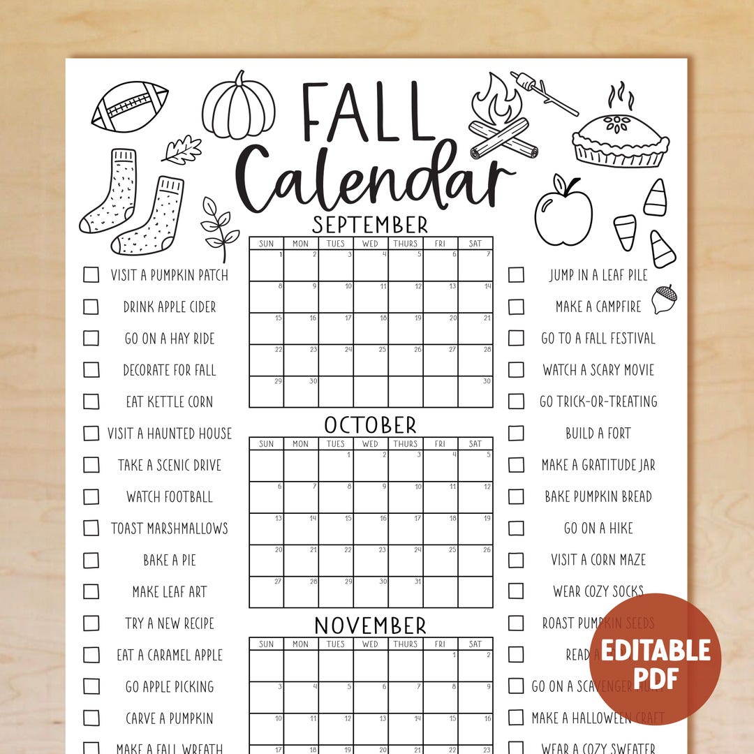 Printable Fall Calendar Poster, Fall Activities Calendar, Autumn ...