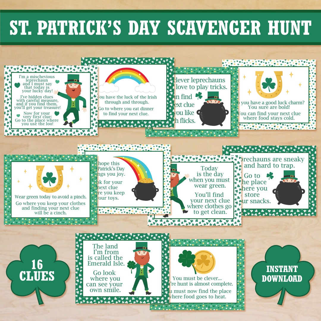 St Patricks Day Scavenger Hunt Clues, St. Patrick's Day Treasure Hunt ...