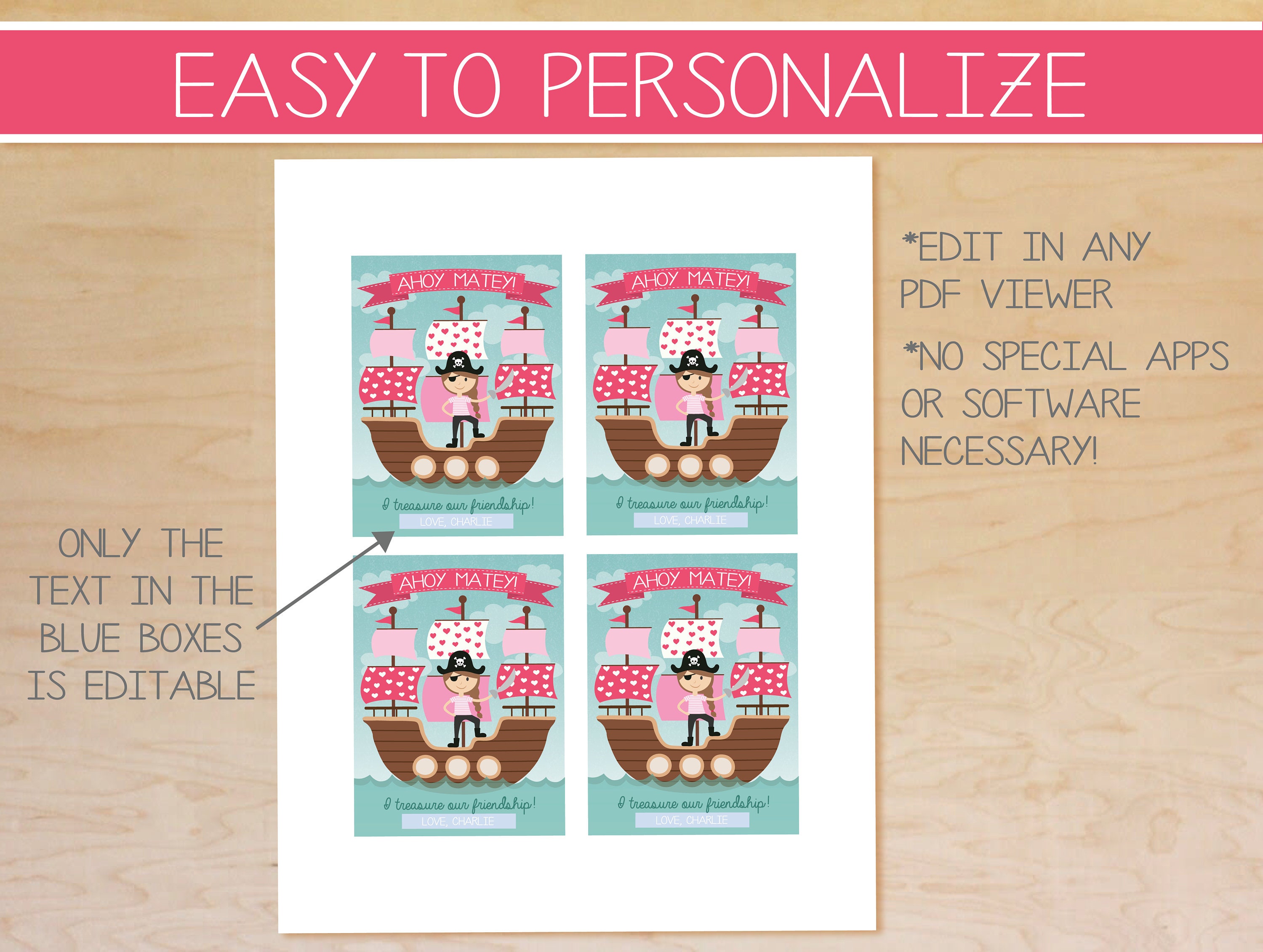 Girl Pirate Valentine Card, Classroom Valentine, School Valentine ...
