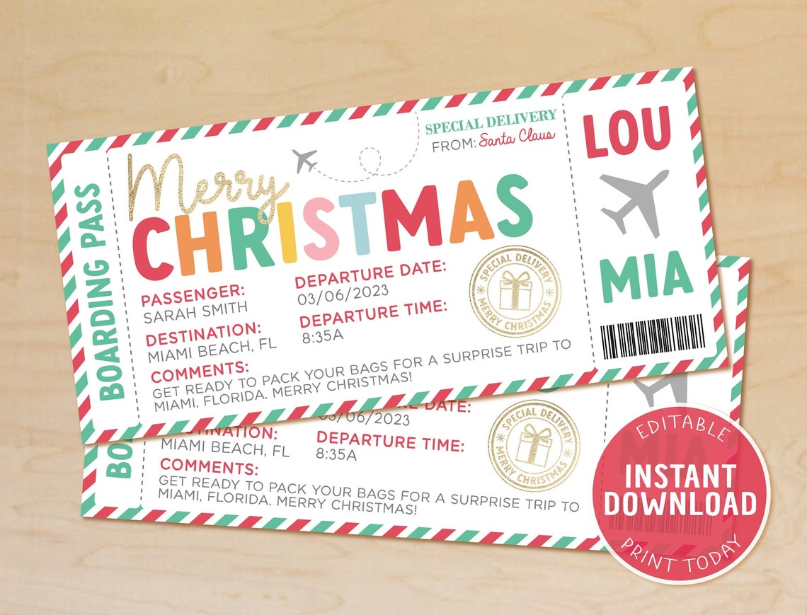 Christmas Boarding Pass Template Plane Ticket Gift Surprise - Etsy