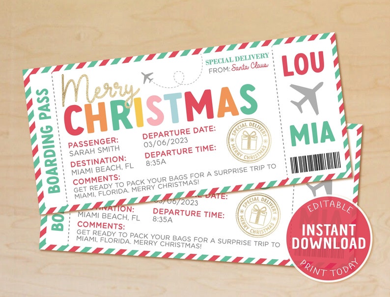 Christmas Boarding Pass Template Plane Ticket Gift Surprise - Etsy Christmas Boarding Pass Template Plane Ticket Gift Surprise - Etsy