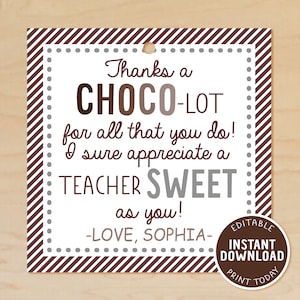 Chocolate Teacher Appreciation Tags, Chocolate Thank You Gift, Teacher ...