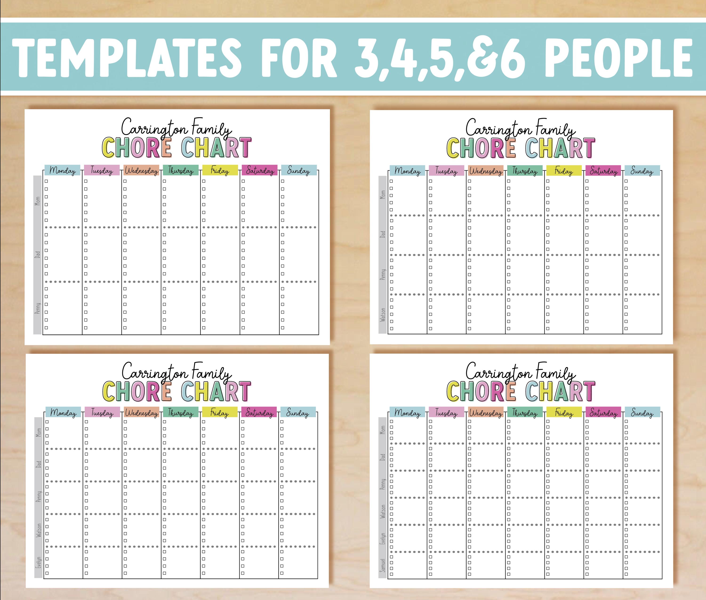 Editable Family Chore Chart, Printable Weekly Chore Chart, 3-6 People ...