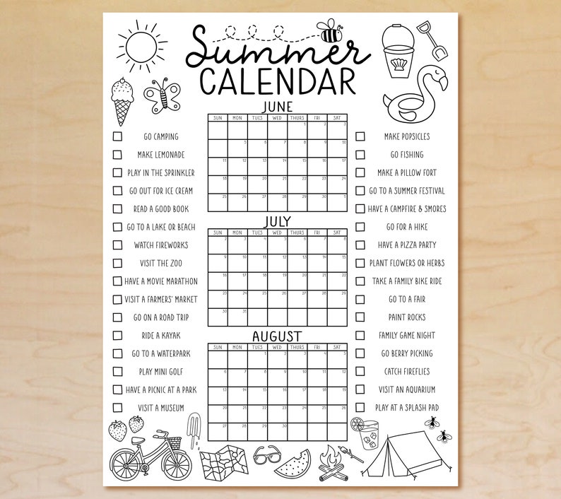 Printable Summer Calendar Poster, Summer Activities Calendar, Bucket ...