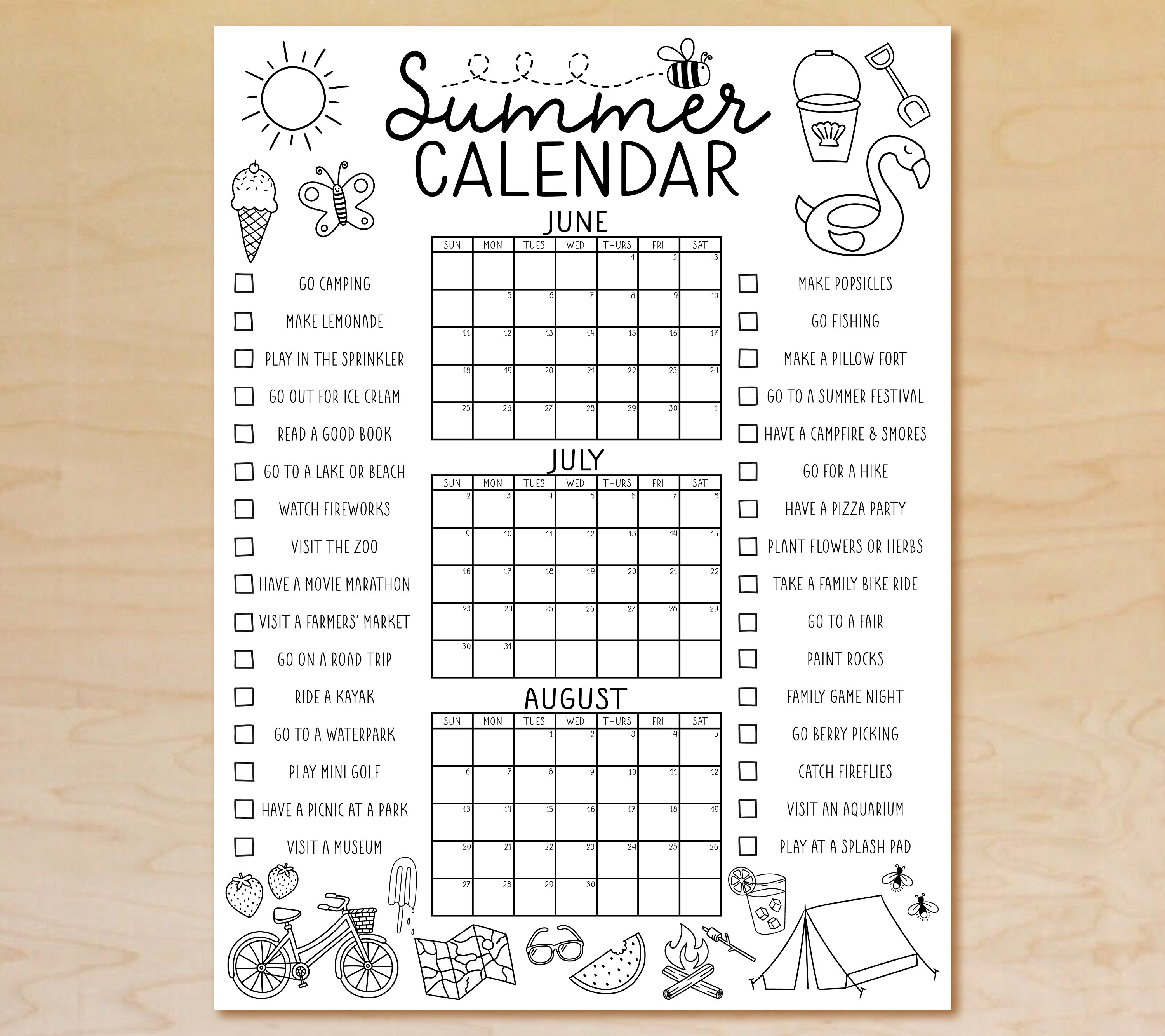 Printable Summer Calendar Poster, Summer Activities Calendar, Bucket ...